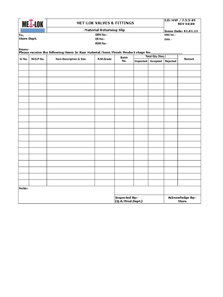 7.5.5 - 05 Material Return Slip - Done | PDF