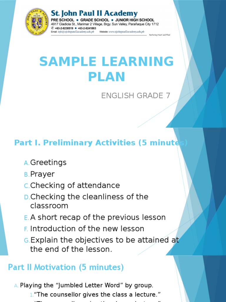 Sample Learning Plan: English Grade 7 | PDF | Subject (Grammar) | Verb