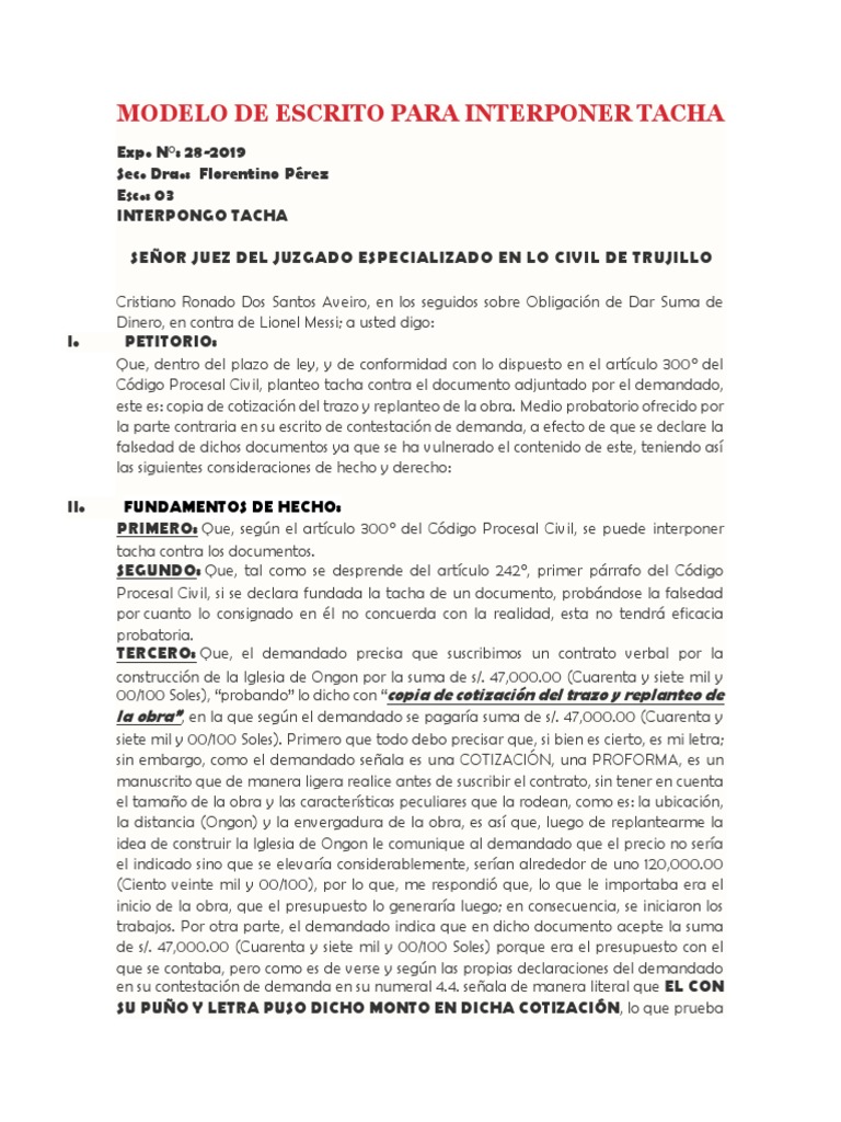 Modelo de Escrito para Interponer Tacha | PDF | Demanda judicial | Ley ... Modelo de Escrito para Interponer Tacha | PDF | Demanda judicial | Ley ...