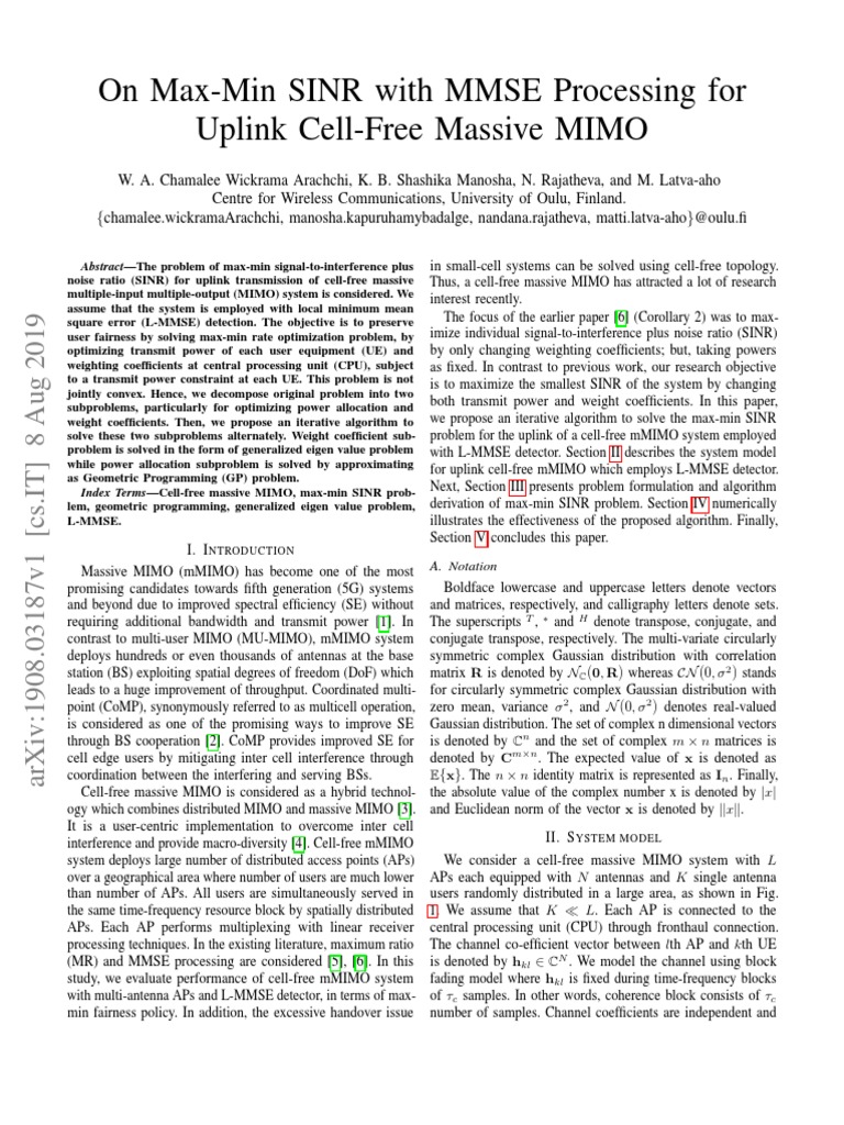 On Max-Min SINR With MMSE Processing For Uplink Cell-Free Massive MIMO ...