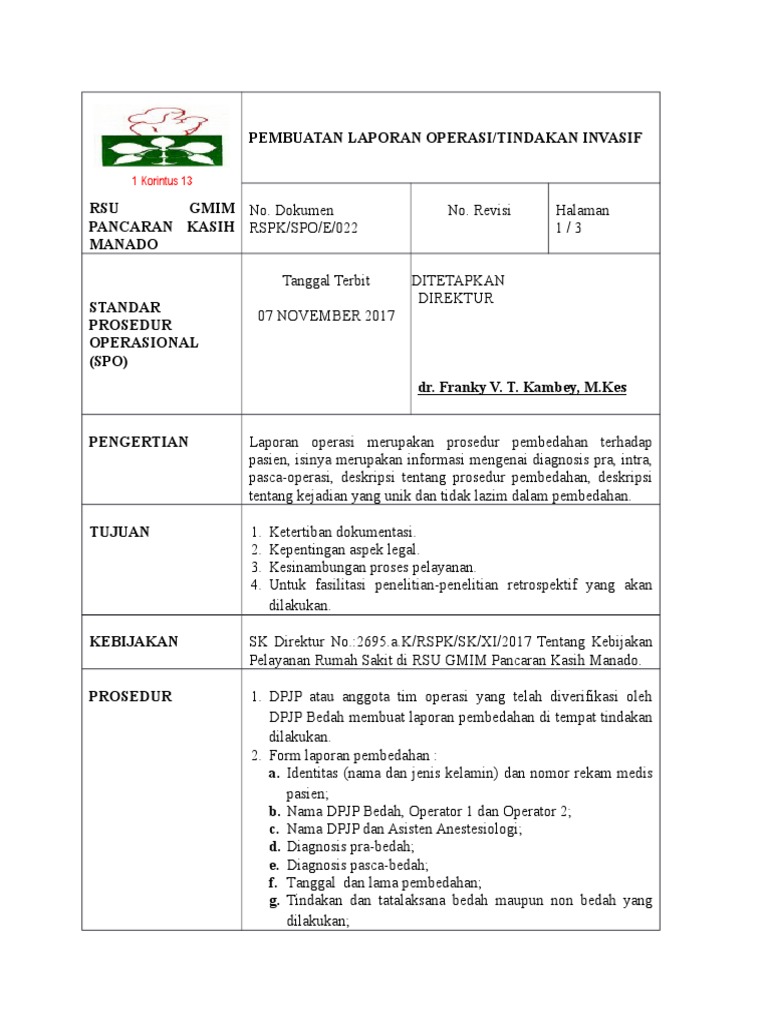 Edit 7. Spo Pembuatan Laporan Operasi, Tindakan Invasif | PDF