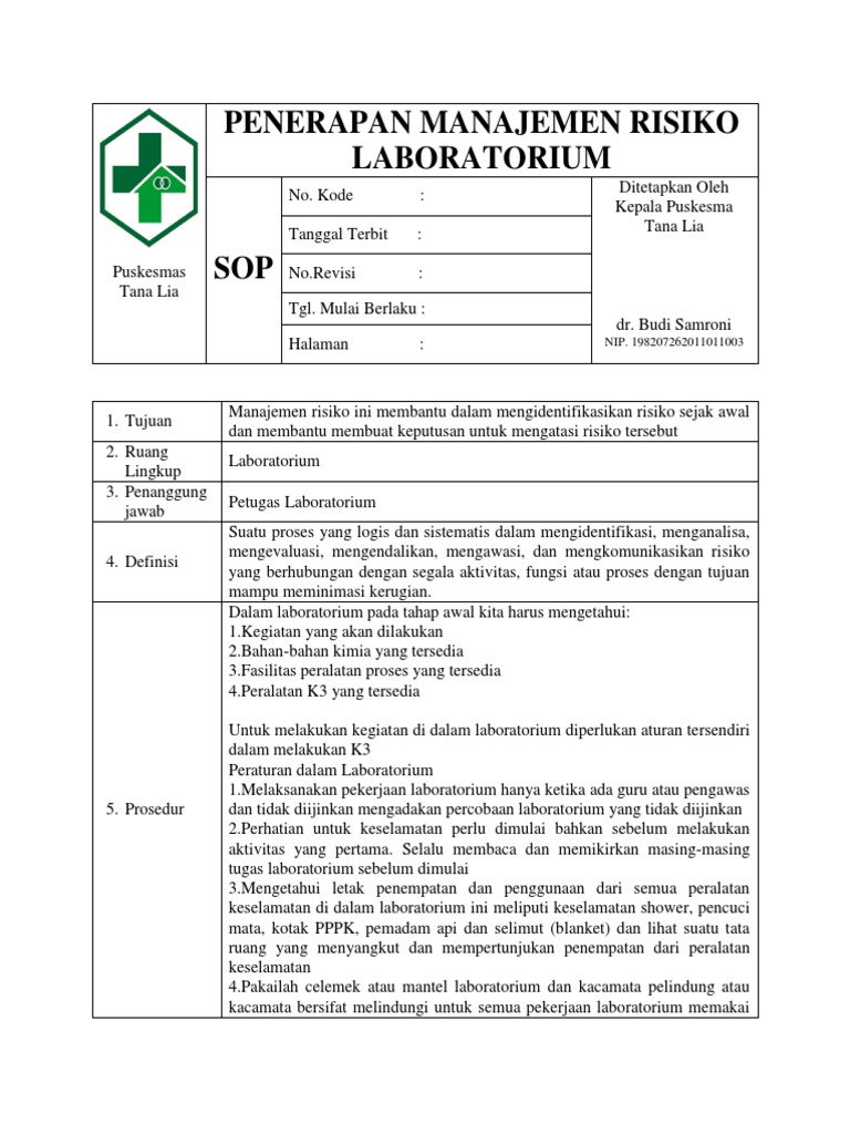 29 SOP Penerapan Manajemen Risiko Laboratorium | PDF