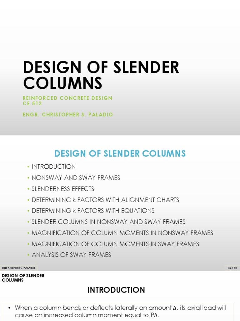 Lecture 6 - Reinforced Concrete - Slender Column | PDF | Buckling | Column