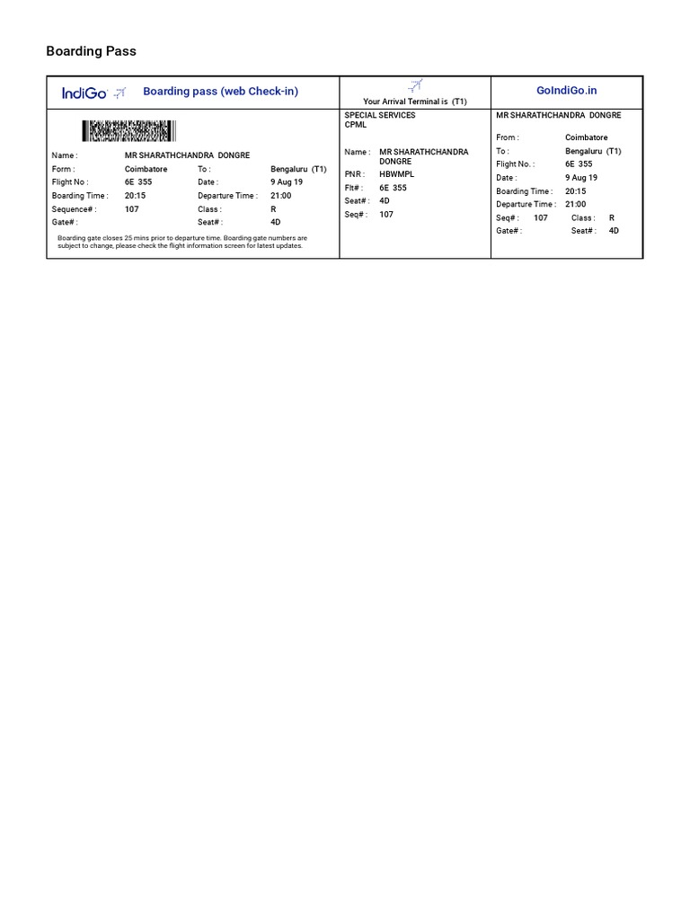 IndiGo Boarding Pass for Flight 6E 355 | PDF