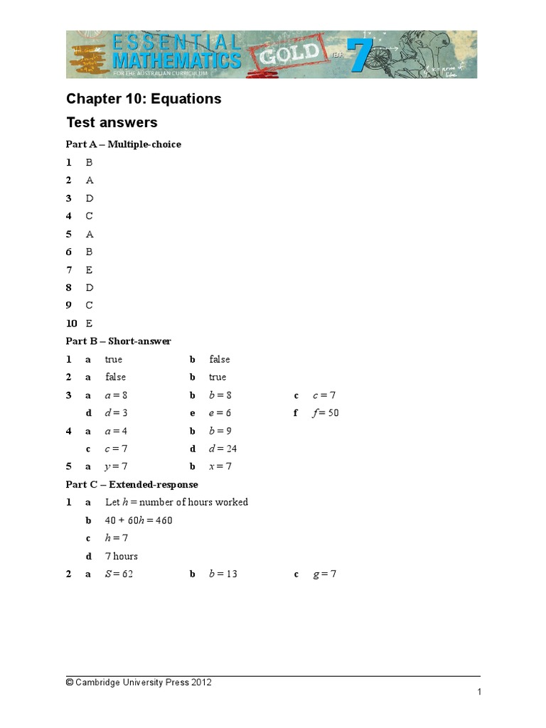 Chapter 10: Equations Test Answers: B A D C A B E D C | PDF