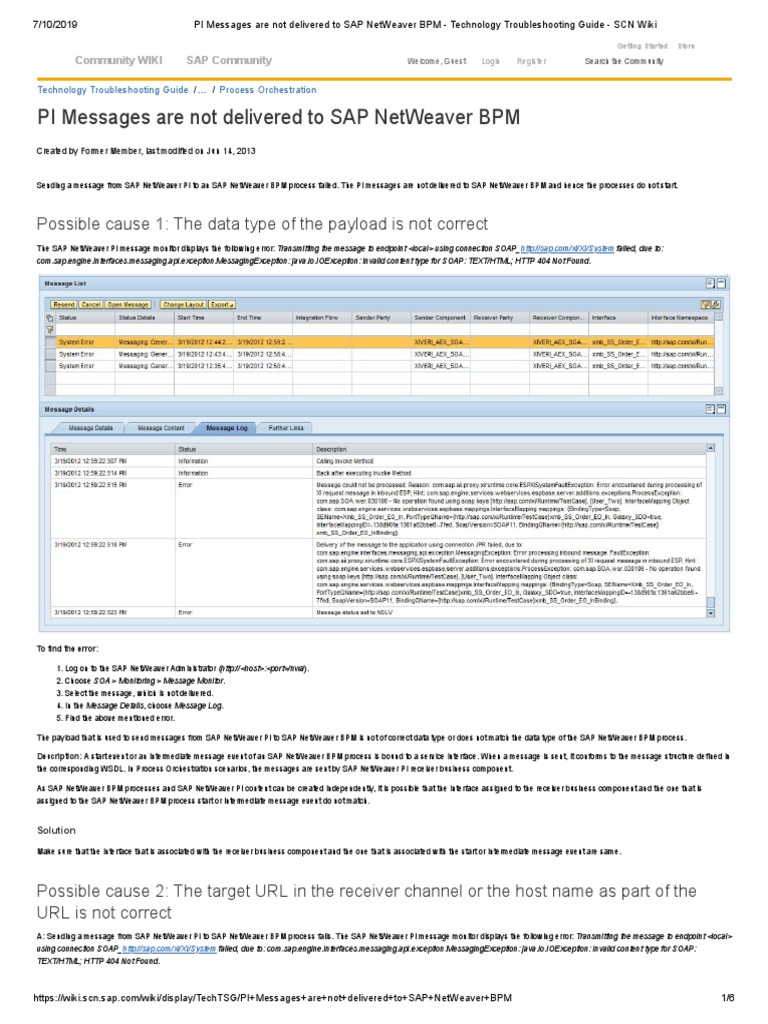 Pi Messages Are Not Delivered To Sap Netweaver Bpm Technology Troubleshooting Guide Scn Wiki