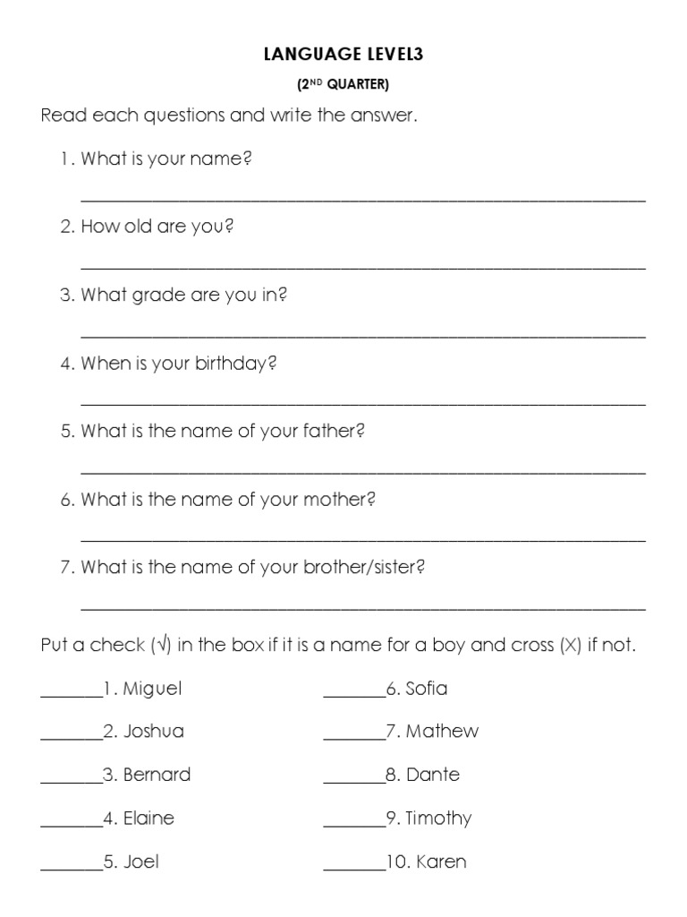 Language Level 3 Worksheet | PDF