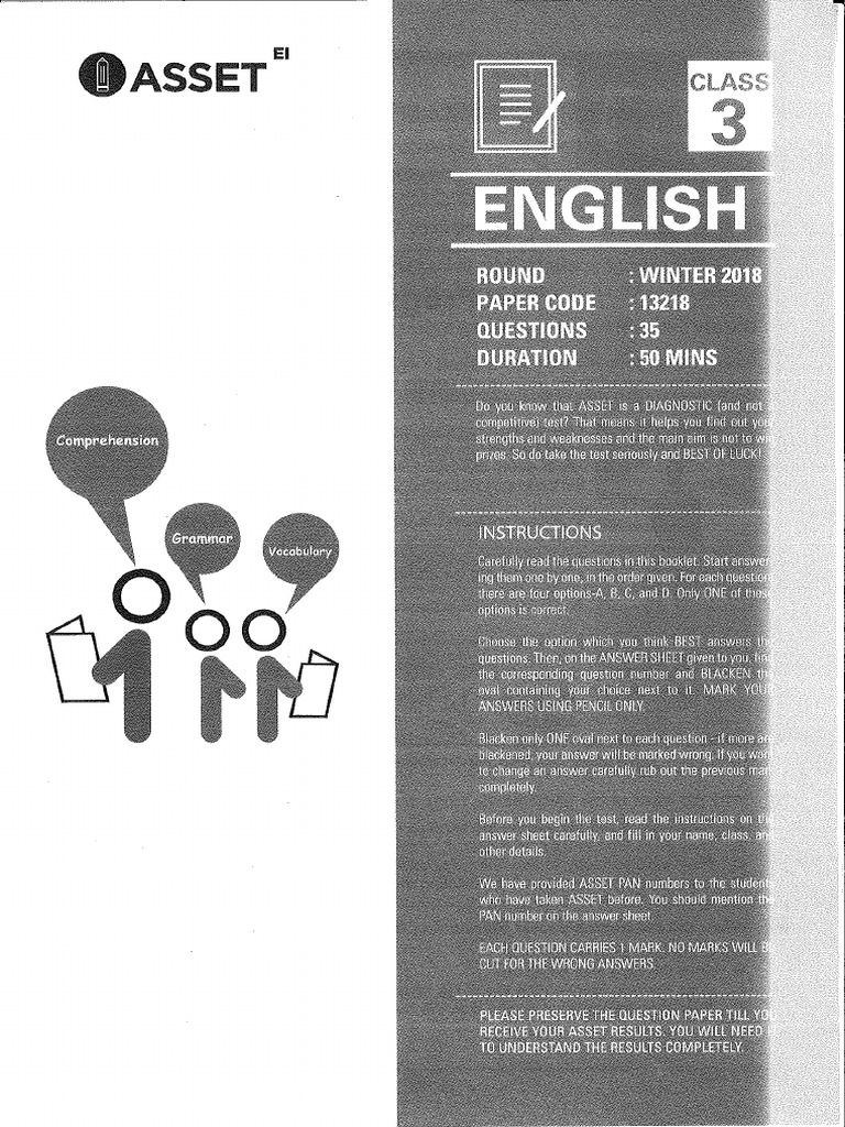 ASSET - Sample Paper Class 3 English - 1 | PDF