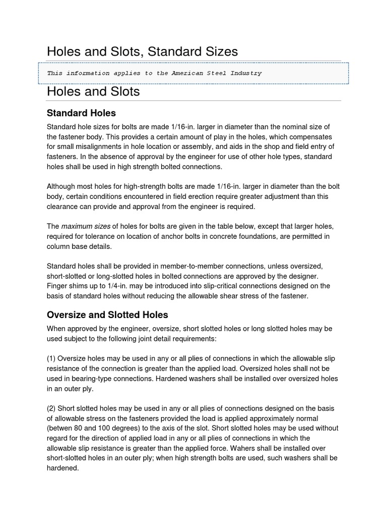 Holes and Slots, Standard Sizes | PDF | Structural Steel | Washer ...
