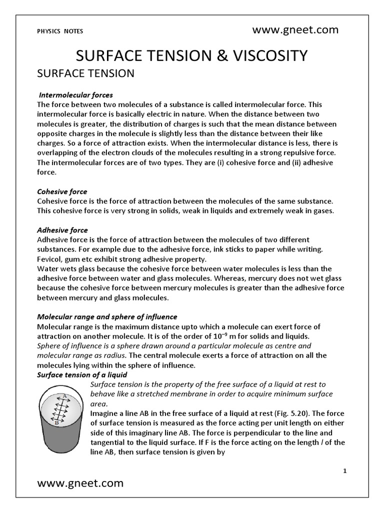 Surface Tension & Viscosity: Cohesive Force | PDF | Surface Tension | Viscosity