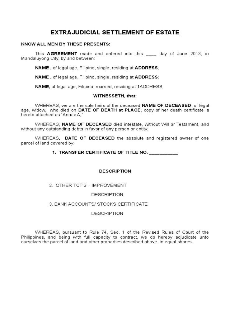 Extrajudicial Settlement of Estate Blank | PDF | Civil Law (Legal ...