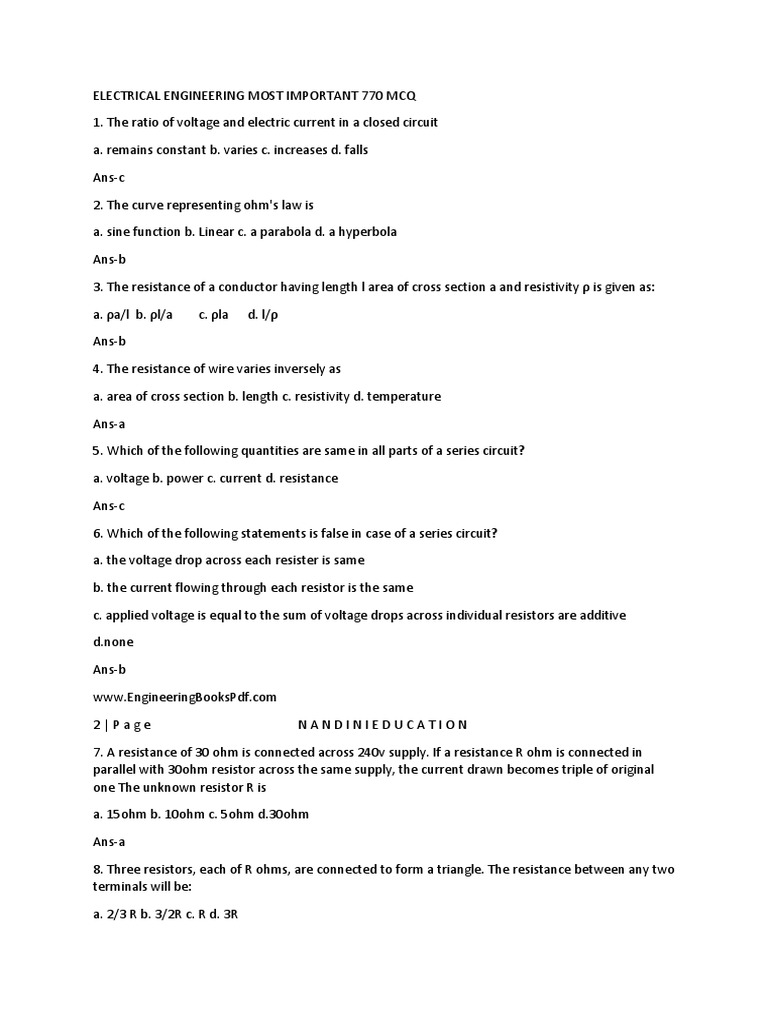 Electrical Engineering Mcqs | PDF | Capacitor | Series And Parallel ...
