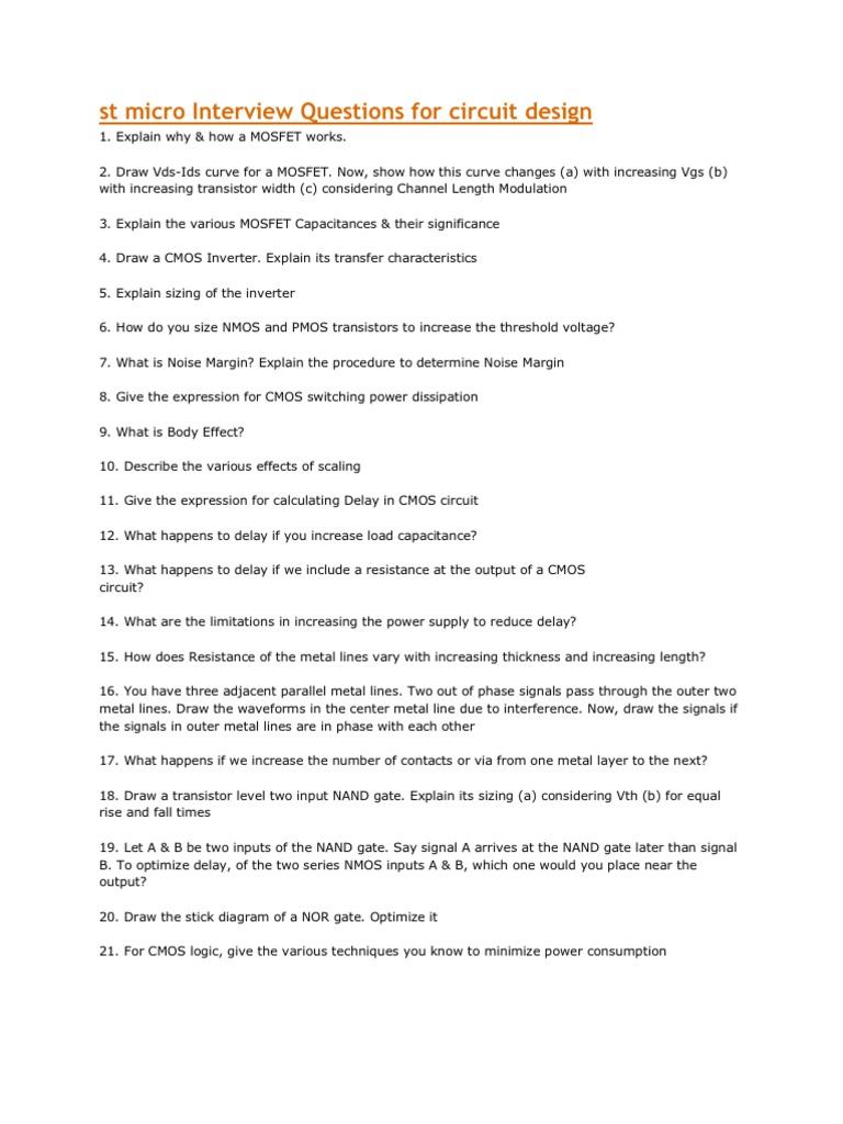 ST Micro Interview Questions For Circuit Design | PDF | Cmos | Mosfet