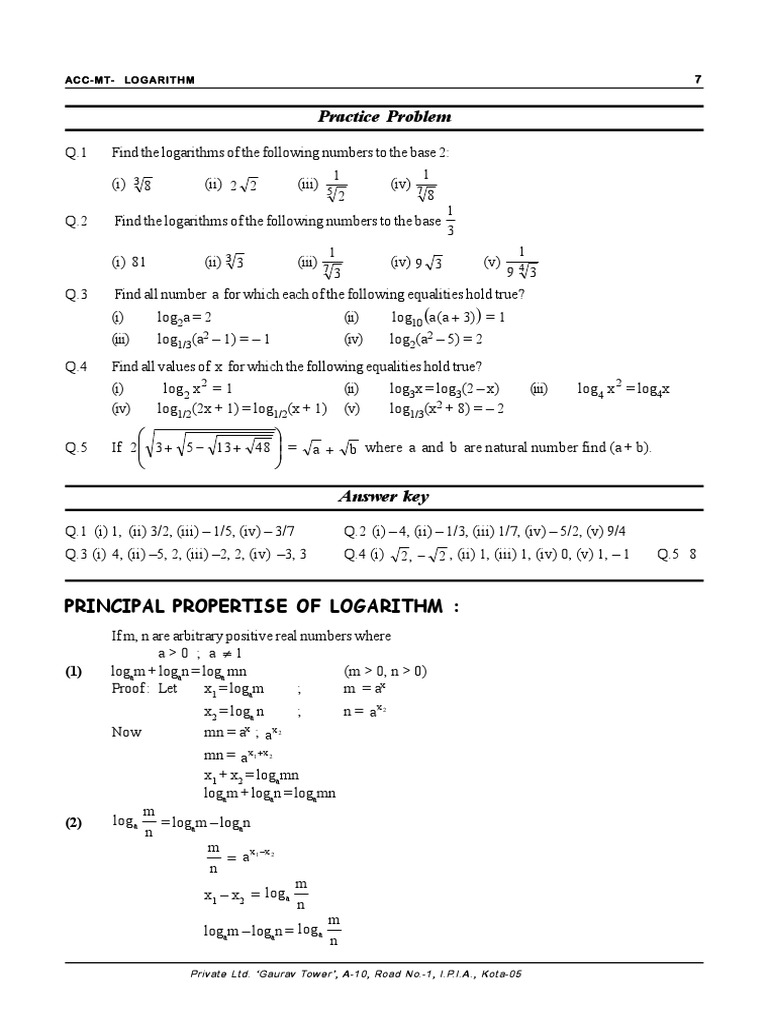 Logarithm Practice Problems and Solutions | PDF | Logarithm | Mathematical Concepts