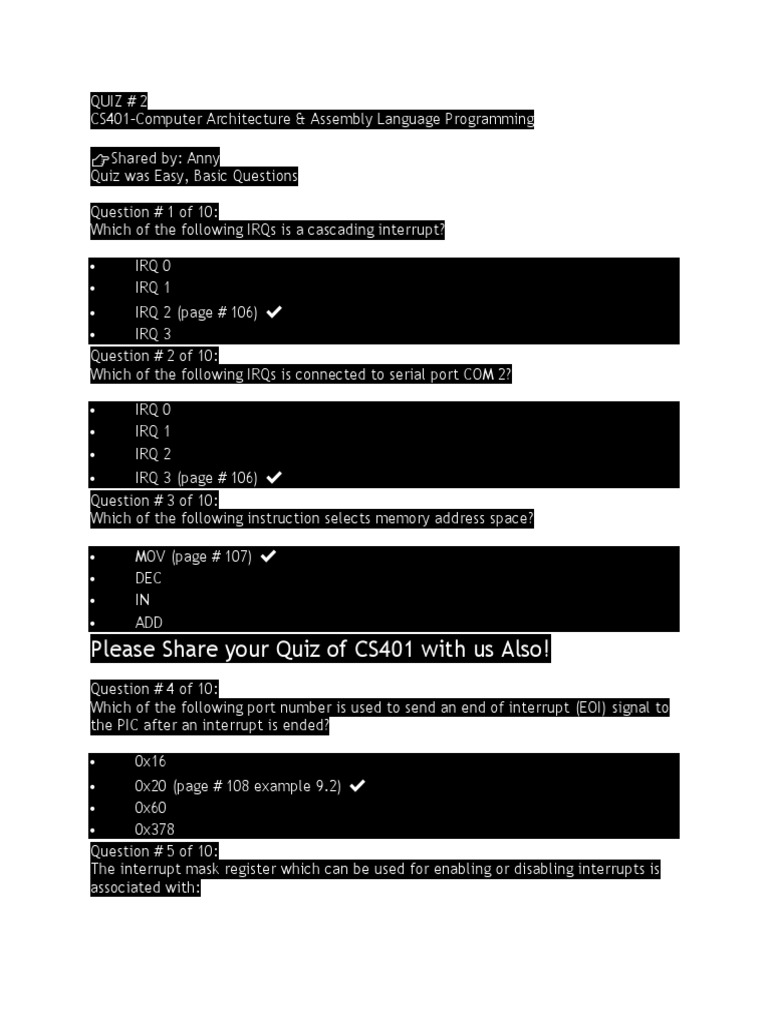 Quizez cs401 | PDF | Assembly Language | Central Processing Unit