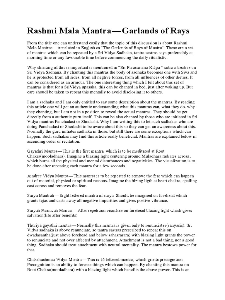 Rashmi Mala Mantra - Garlands of Rays | PDF | Mantra | Meditation