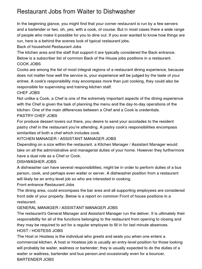 Restaurant Jobs From Waiter To Dishwasher | PDF | Waiting Staff | Chef