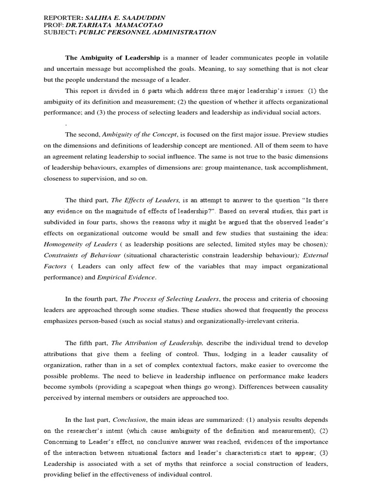 The Ambiguity of Leadership | PDF | Causality | Leadership