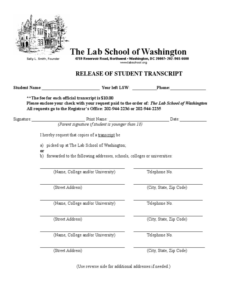 The Lab School of Washington: Release of Student Transcript | PDF