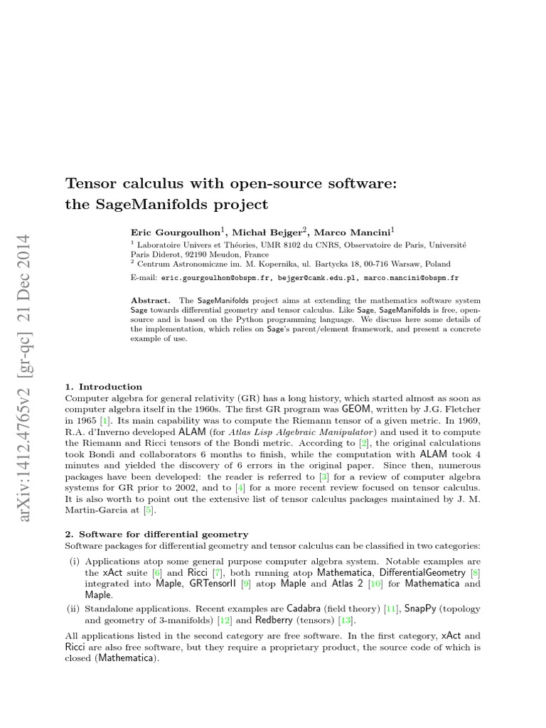 Tensor Calculus with SageManifolds | PDF | Differentiable Manifold ...