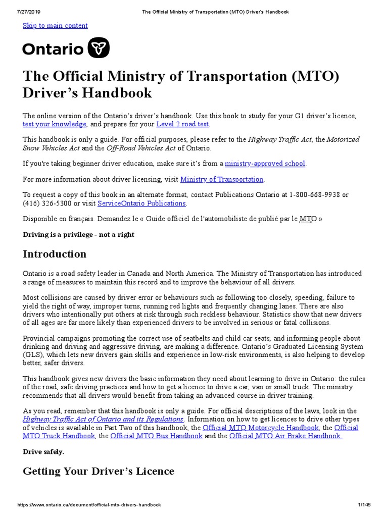 MTO Drivers Handbook For Ontario, Canada | PDF | Seat Belt | Driving