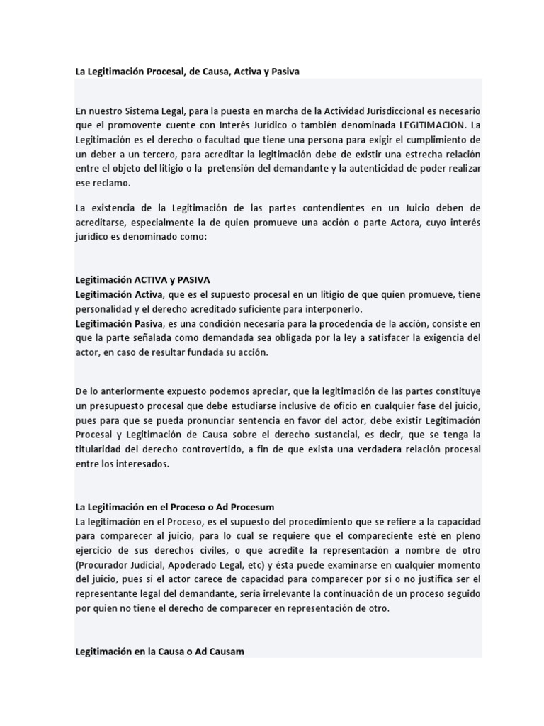 CONCEPTO La Legitimación Procesal, De Causa, Activa y Pasiva | Ley ...
