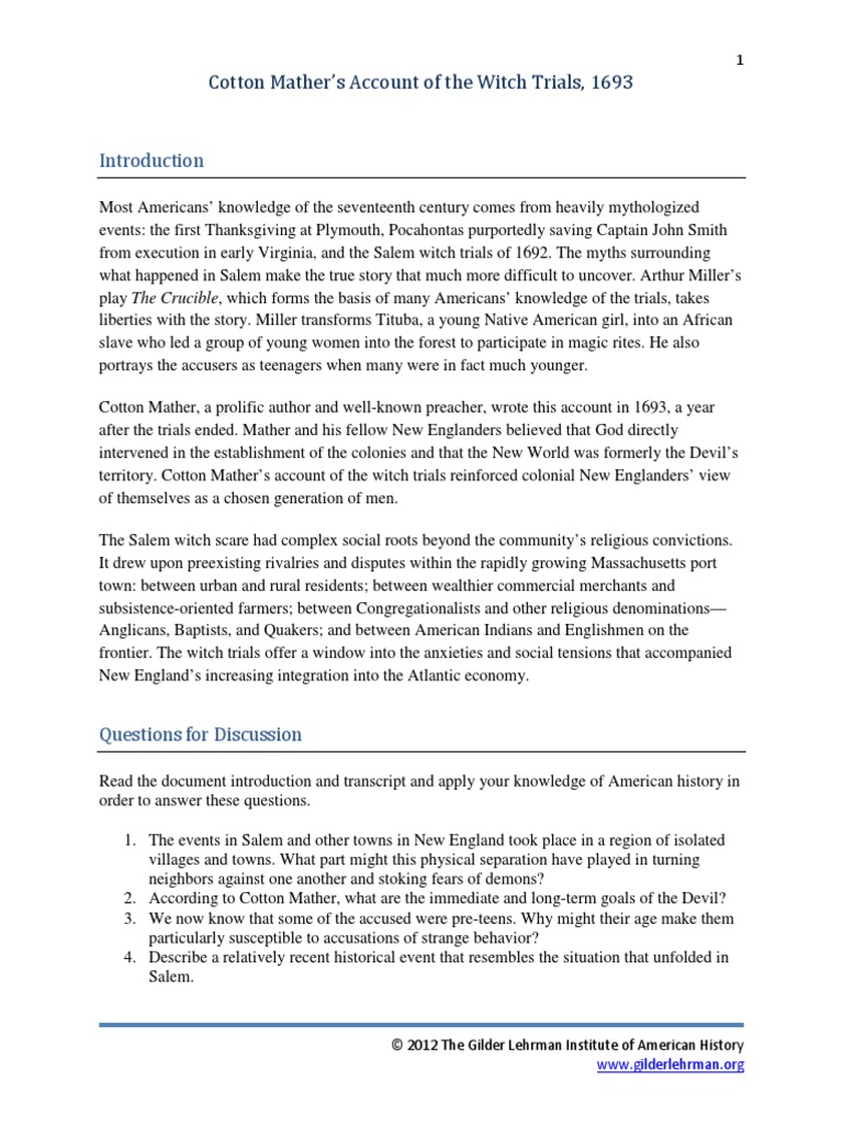 COTTON MATHER - Acoount of The Witch Trials | PDF | Witchcraft | Virtue