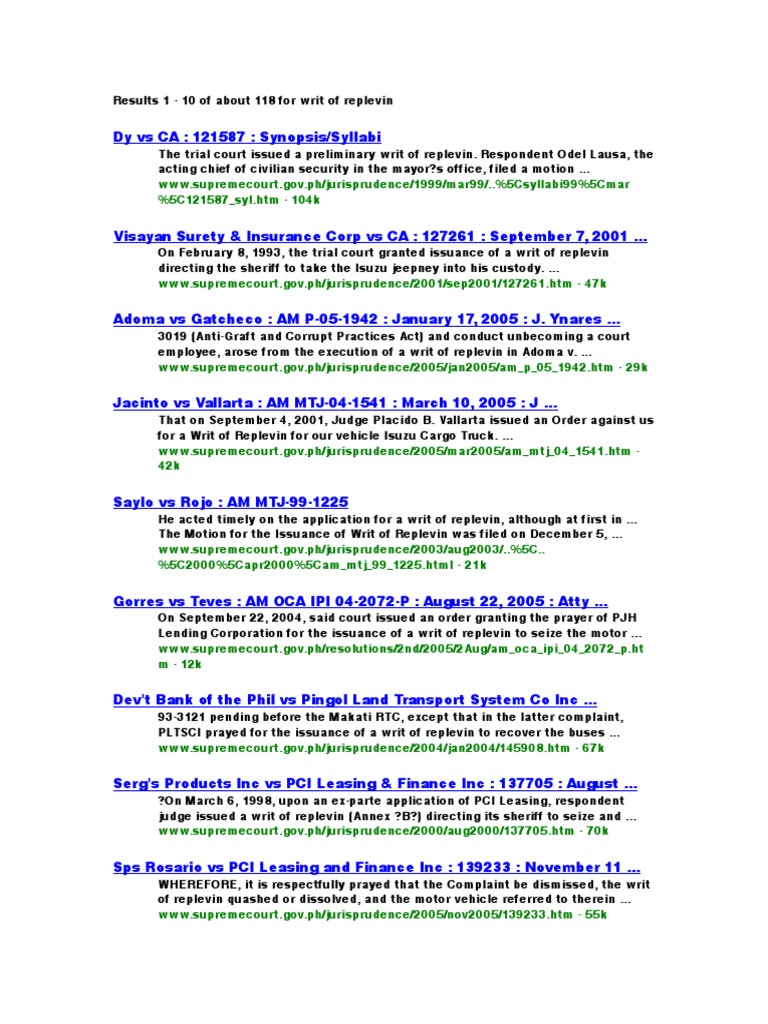 Cases On Replevin | PDF | Writ | Lawsuit