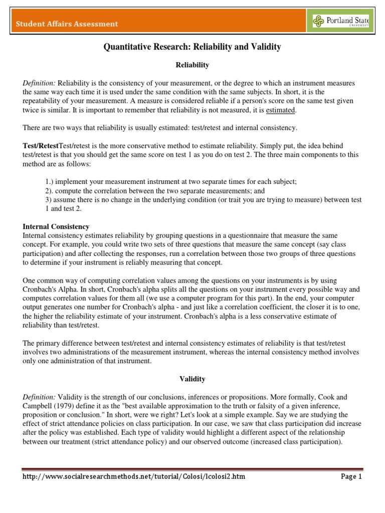 Quantitative Research: Reliability and Validity | PDF | Validity (Statistics) | Internal Consistency