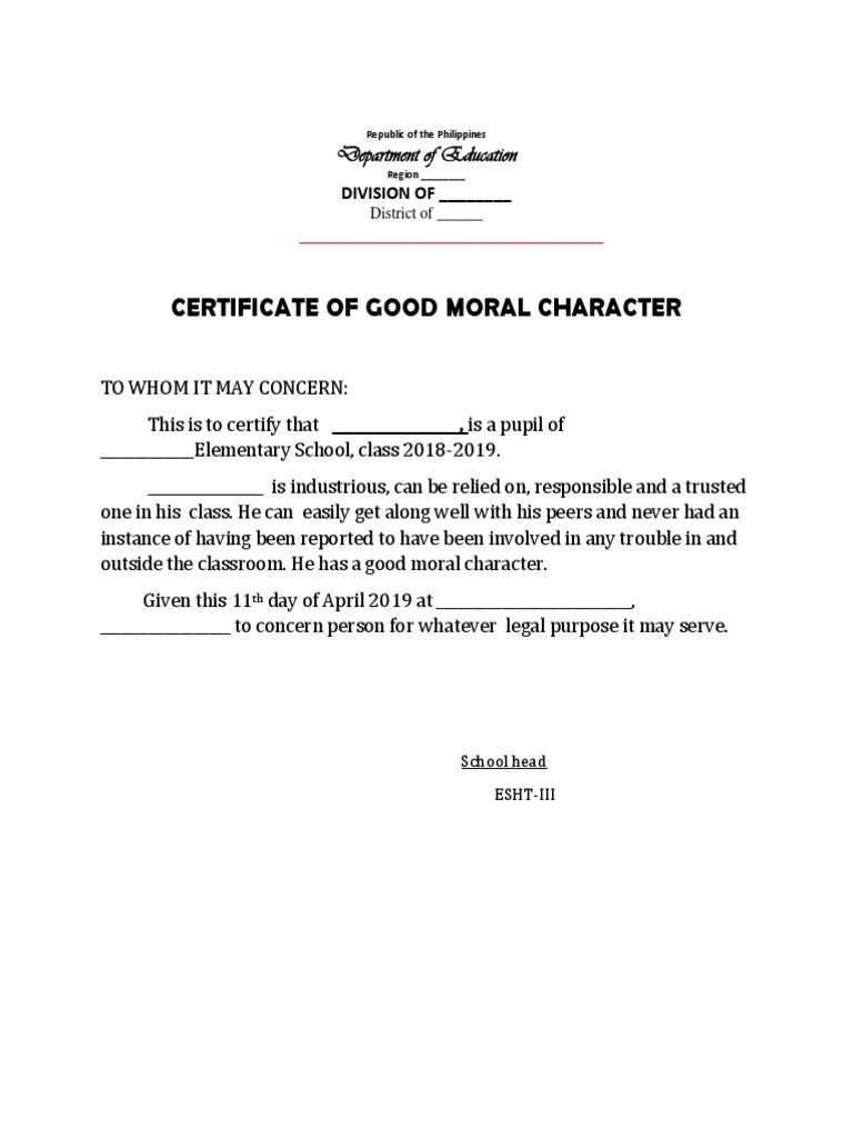 Certificate of Good Moral Character | PDF