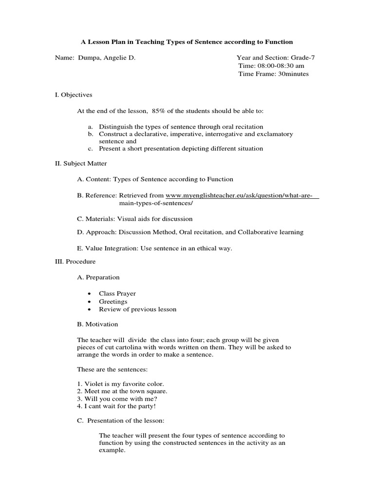 Lesson Plan | PDF | Lesson Plan | Sentence (Linguistics)