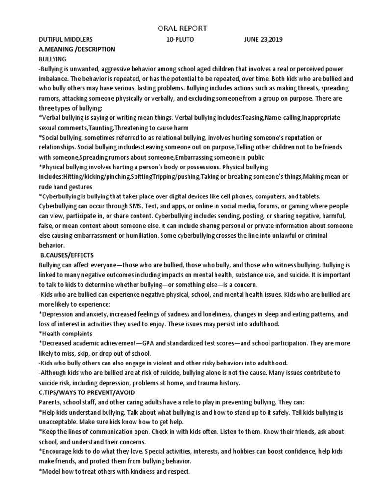 Oral Report: A.Meaning /description | PDF | Bullying | Cyberbullying