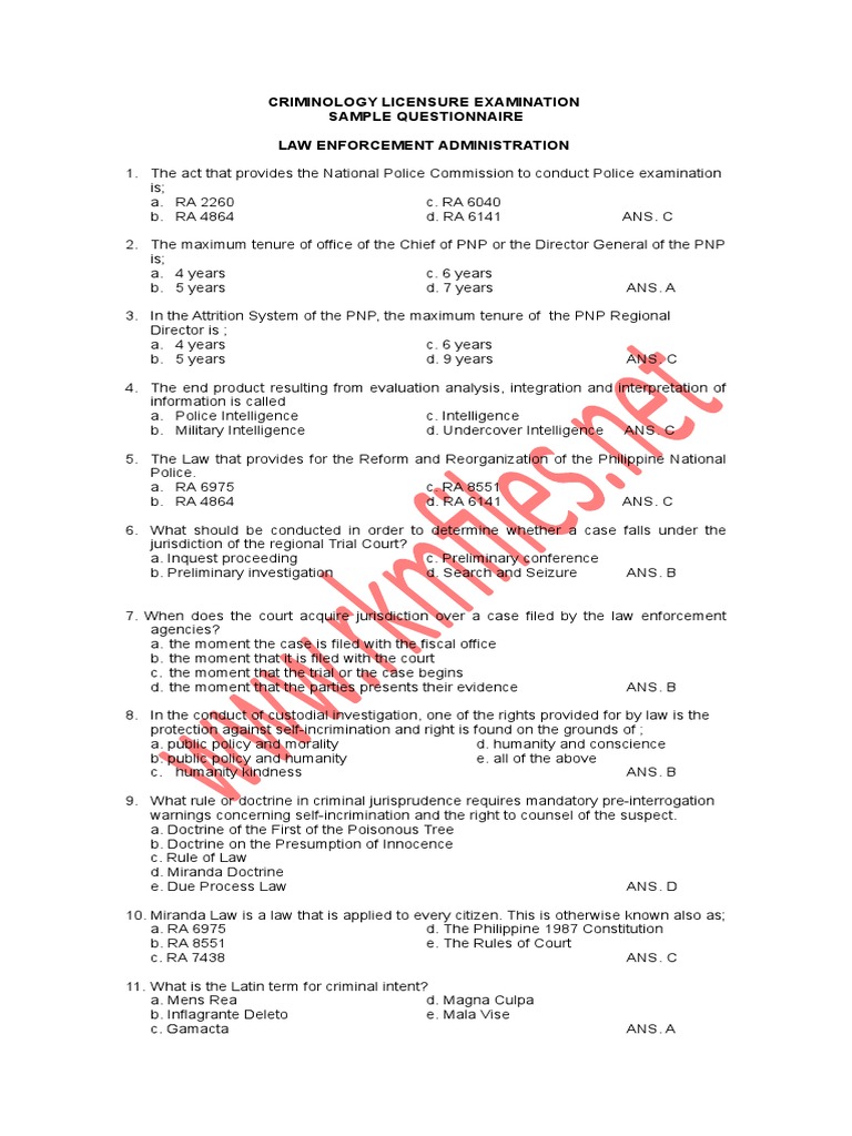 Criminology Licensure Examination Sample Questionnaire Law Enforcement ...