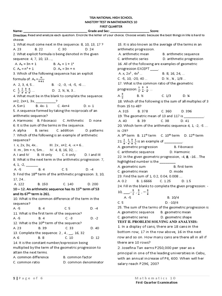 First Quarter Mastery (MATH) W/ Answer Key | PDF | Arithmetic Mean ...