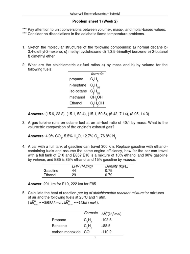 Adv Thermo 2018 Tutorial 1 | PDF | Methane | Combustion