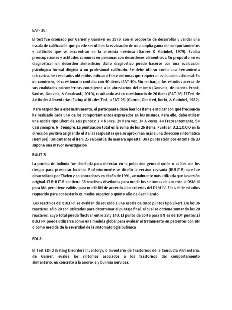 EAT-26, BULIT-R, EDI-2, EDE-Q y otros tests TCA | PDF | Bulimia ...