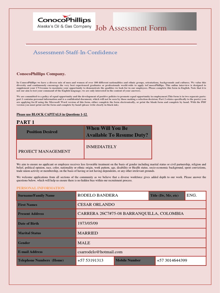 ConocoPhillips Assessment Form | PDF | Equal Opportunity | Disability