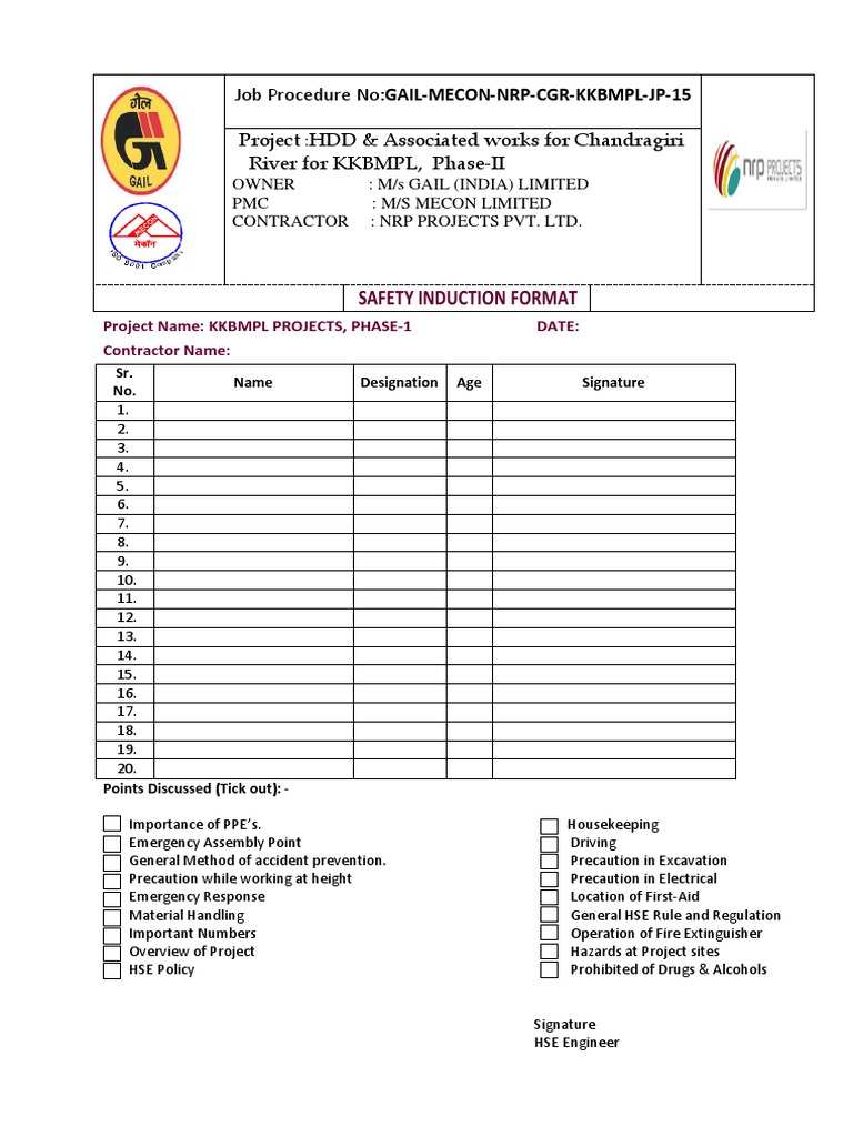 Induction Record | PDF | Occupational Safety And Health | Prevention