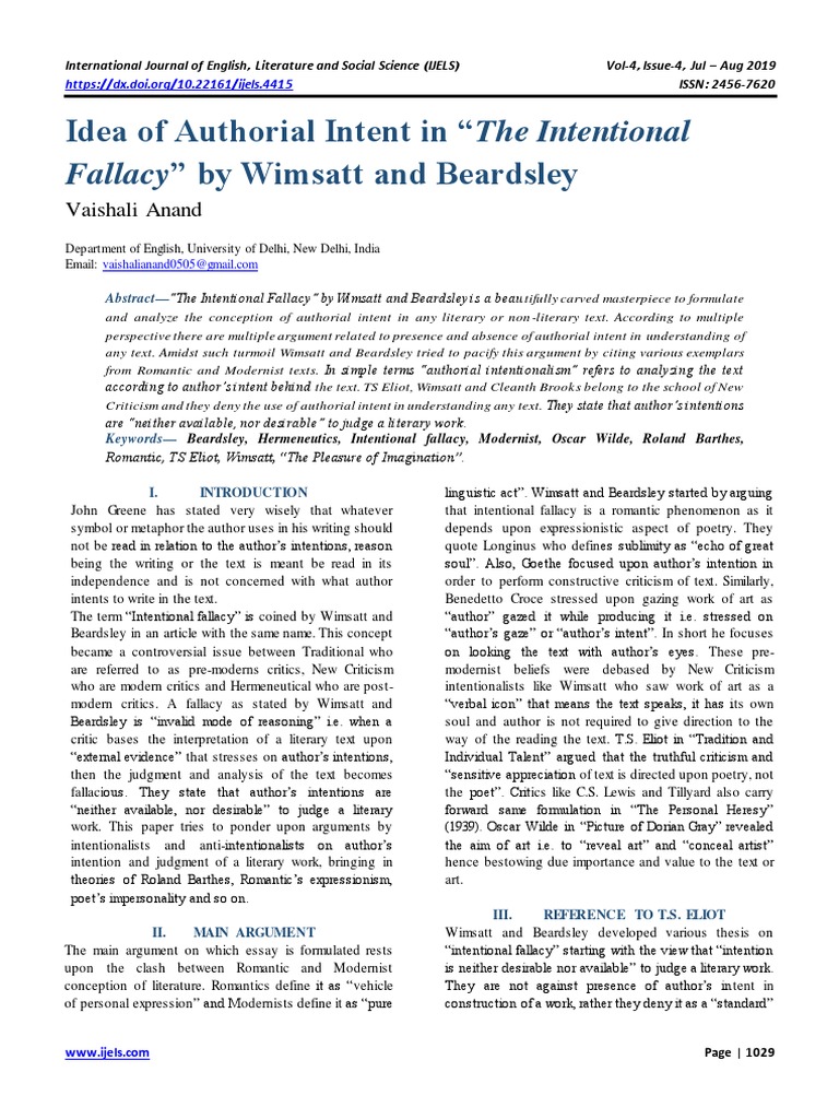 Idea of Authorial Intent in "The Intentional Fallacy" by Wimsatt and ...