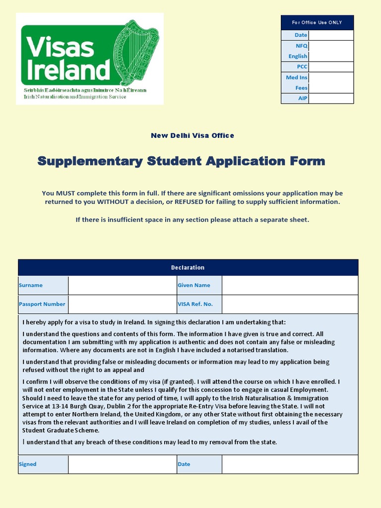 Ireland Student Visa Supplementary Form | PDF | Travel Visa | Loans