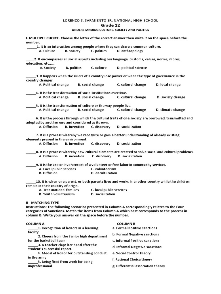 Understanding Culture, Society and Politics Final Exam | PDF | Deviance ...