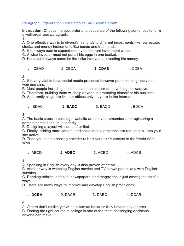 Paragraph Organization Test Samples Civil Service Exam | PDF | Verb ...