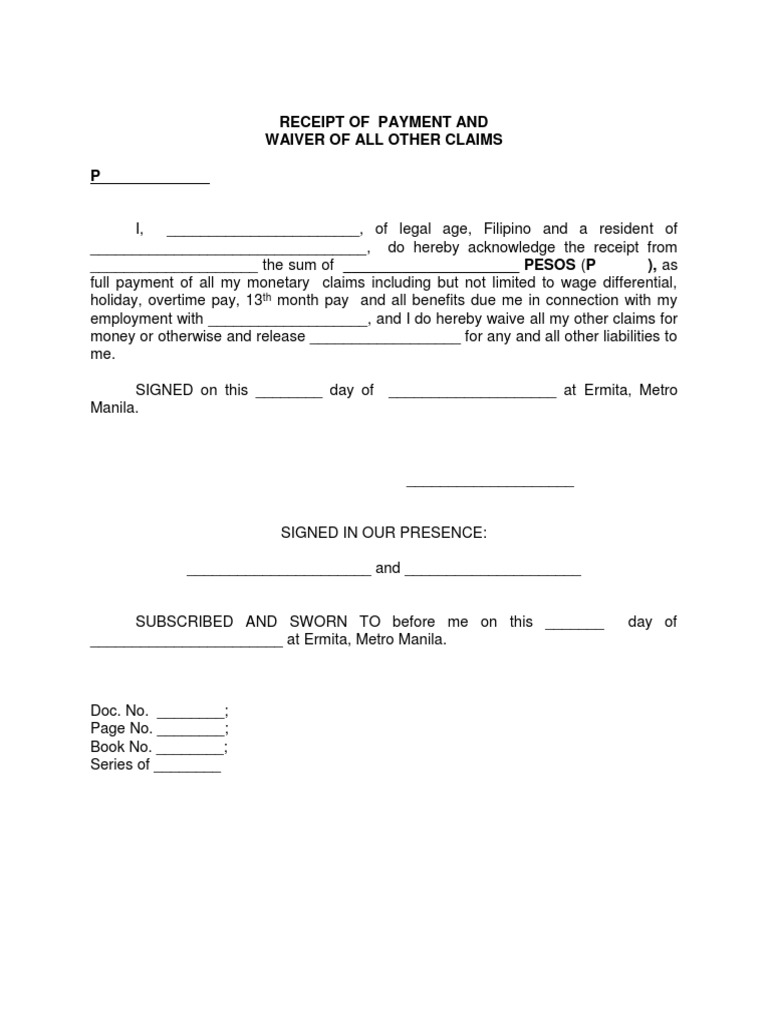 Receipt of Payment and Waiver of Claims for Monetary and Other Benefits ...