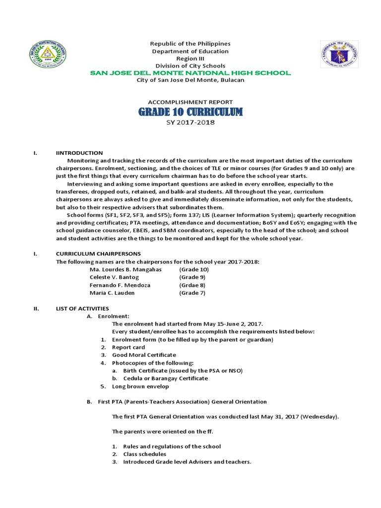 Accomplishment Report 2017-2018 | PDF | Students | Teachers