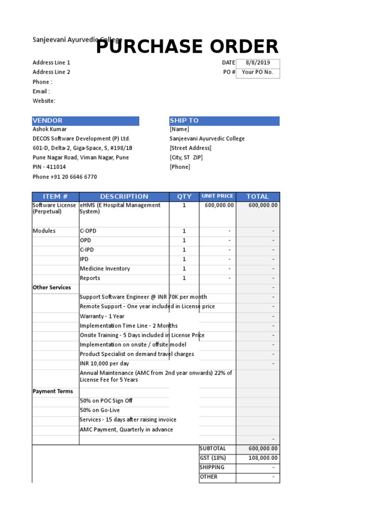 Purchase Order Draft Sanjeevani College | PDF | Computing | Business