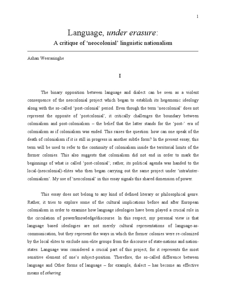 Language Under Erasure | PDF | Postcolonialism | Colonialism