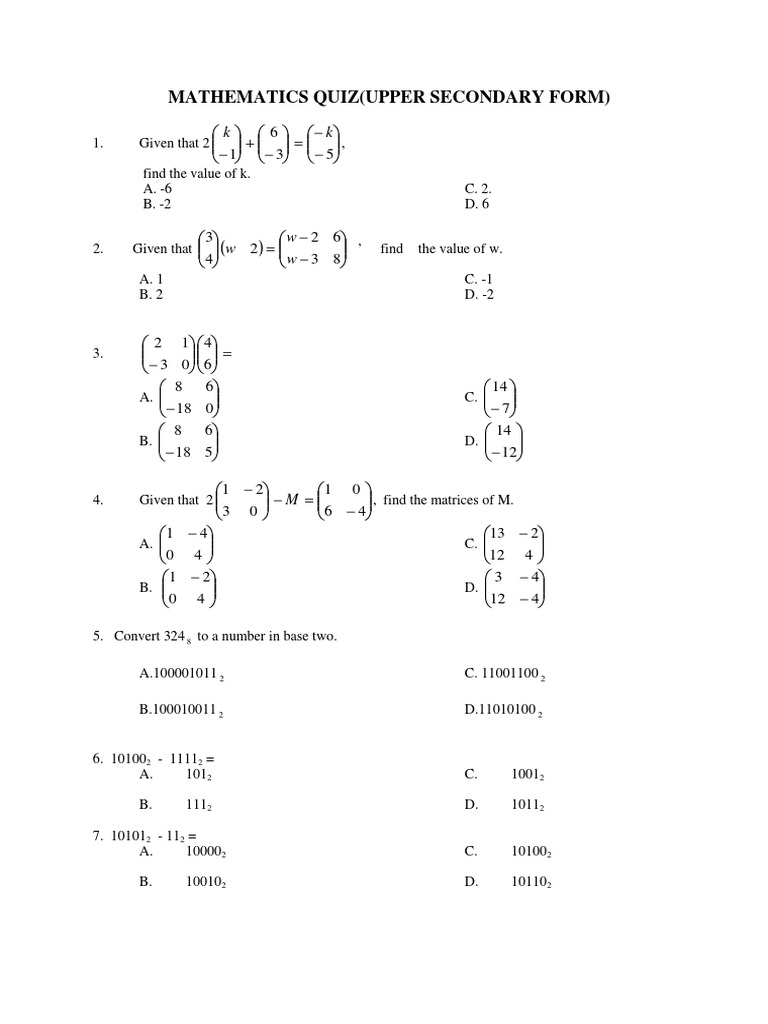Upper Secondary Mathematics Quiz | PDF | Slope | Geometry