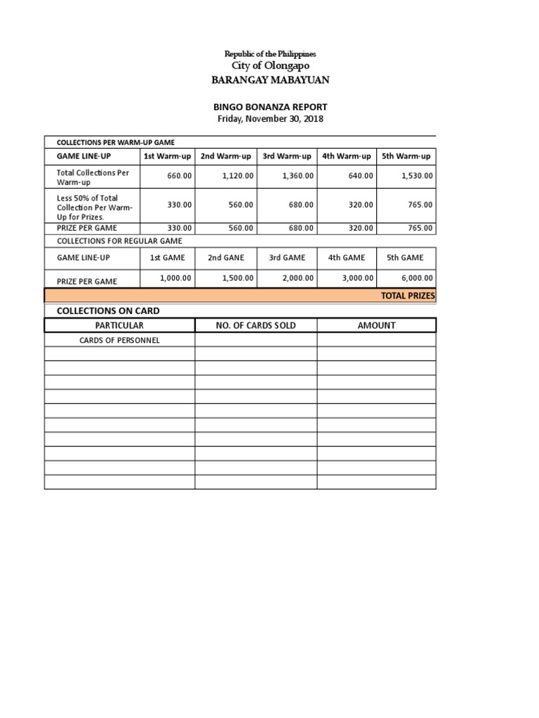 Barangay Mabayuan Bingo Bonanza Report: Friday, November 30, 2018 | PDF