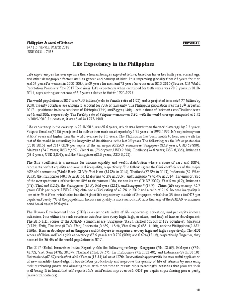 Life Expectancy in The Philippines: Philippine Journal of Science | PDF ...