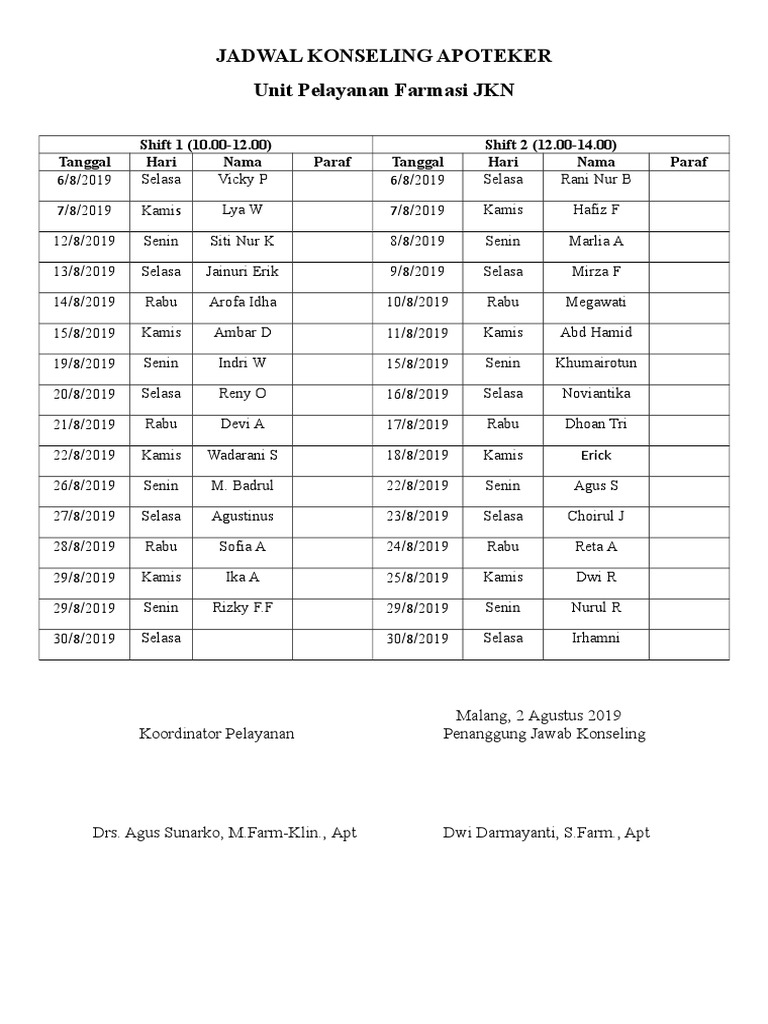 Jadwal Konseling Apoteker Unit Pelayanan Farmasi JKN | PDF